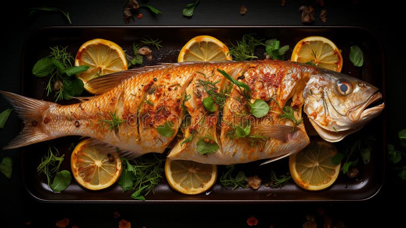 Fried Fish on a Platter. Low Key Photo Stock Illustration ...