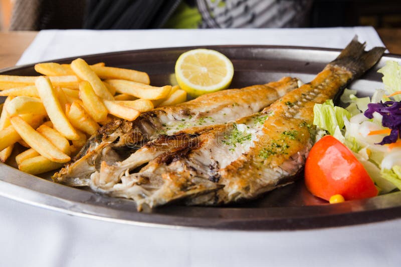Fried Fish with Potato and Salad Stock Image - Image of french, baked ...