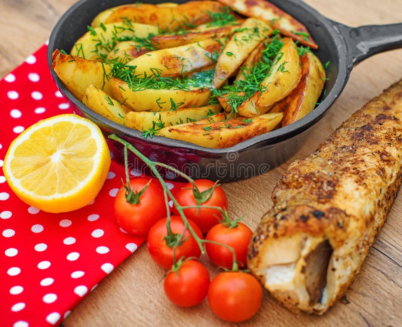 Fried fish and potatoes. stock photo. Image of delicious - 54887314
