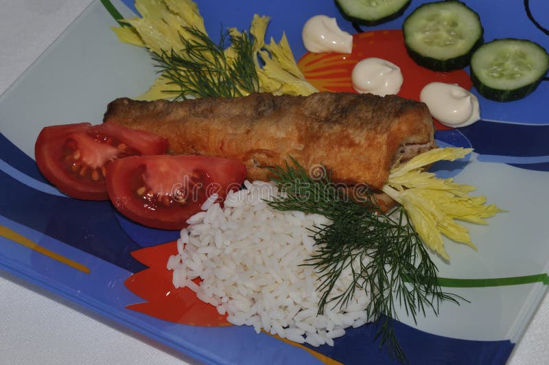 Fried Fish with Rice and Herbs Stock Image - Image of meal, sauce: 82561283