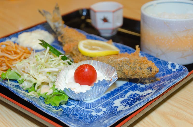 Fried Fish and Rice, Set of Japanese Food Stock Image - Image of ...