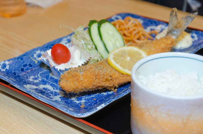 Fried Fish and Rice, Set of Japanese Food Stock Photo - Image of ...