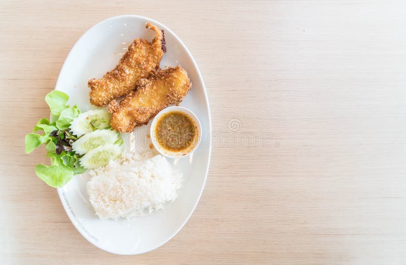 Fried fish with rice stock image. Image of isolated, fish - 87572993