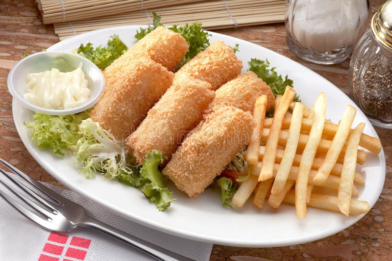 Fried fish roll and fries stock image. Image of snack - 25524501
