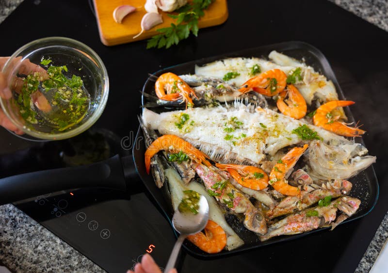 Fried Fish with Shrimps in Frying Pan Stock Image - Image of salted ...