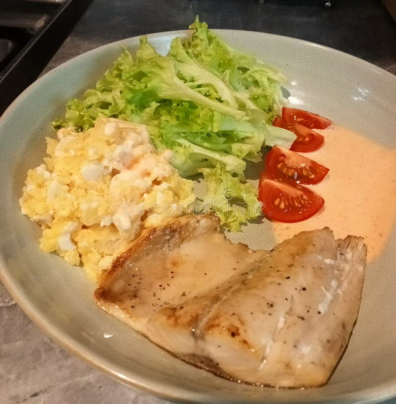 Fried Fish Sliced with Pottato Salad Stock Photo - Image of salad, fish ...