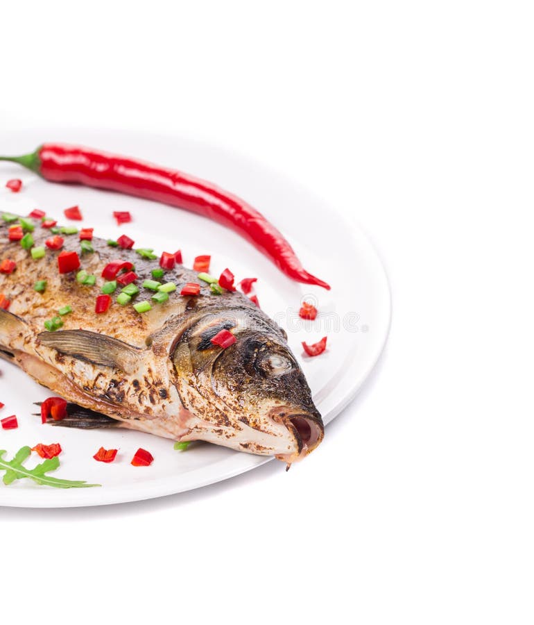 Fried Fish with Spring Onion and Red Pepper. Stock Image - Image of ...