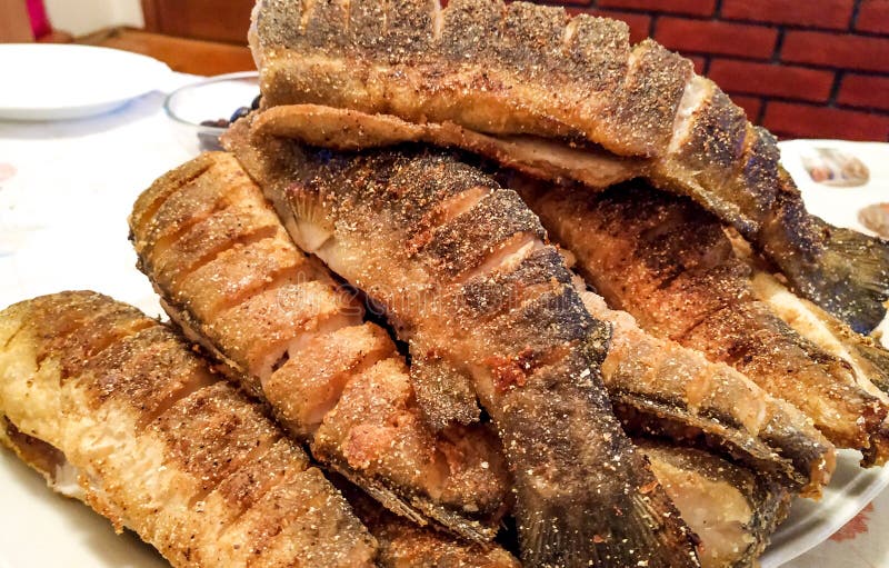 Fried Fish Stacked for a Healthy Meal Lunch Full of Proteins Stock ...