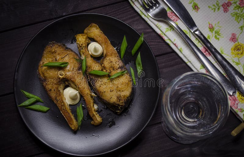 Fried fish steaks stock photo. Image of seafood, sauce - 112423938