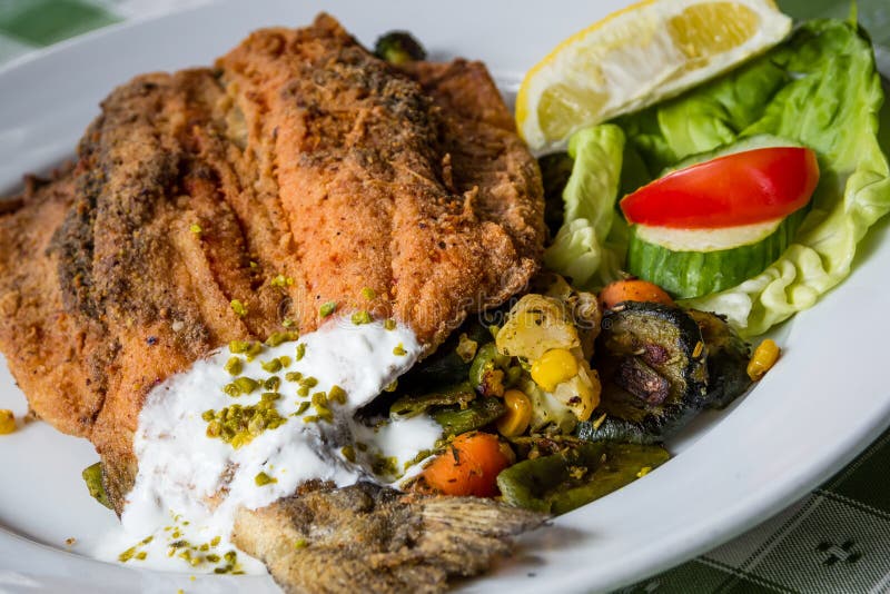Fried Fish with Steamed Vegetables and Salad Stock Image - Image of ...