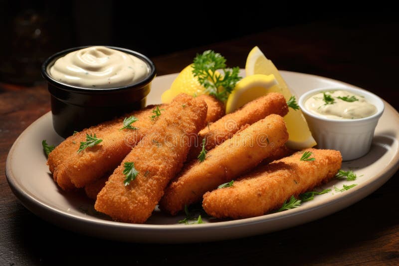 Fried Fish Sticks with Lemon and Sauces Stock Illustration ...