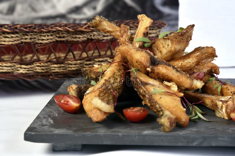 Fried Fish Strips Served on Stone Stock Photo - Image of gourmet, lemon ...
