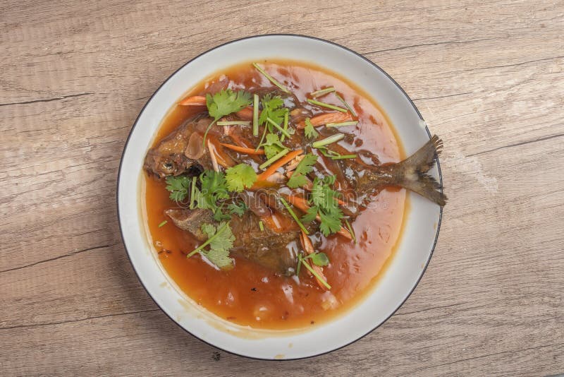Fried Fish with Sweet Sauce. Top View Stock Photo - Image of lemon ...