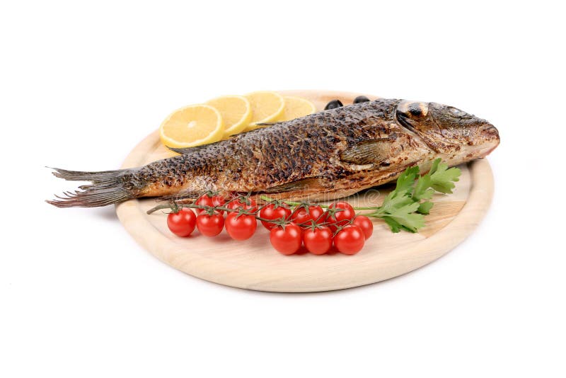 Fried Fish on a Wooden Plate Stock Photo - Image of grill, filet: 37561902