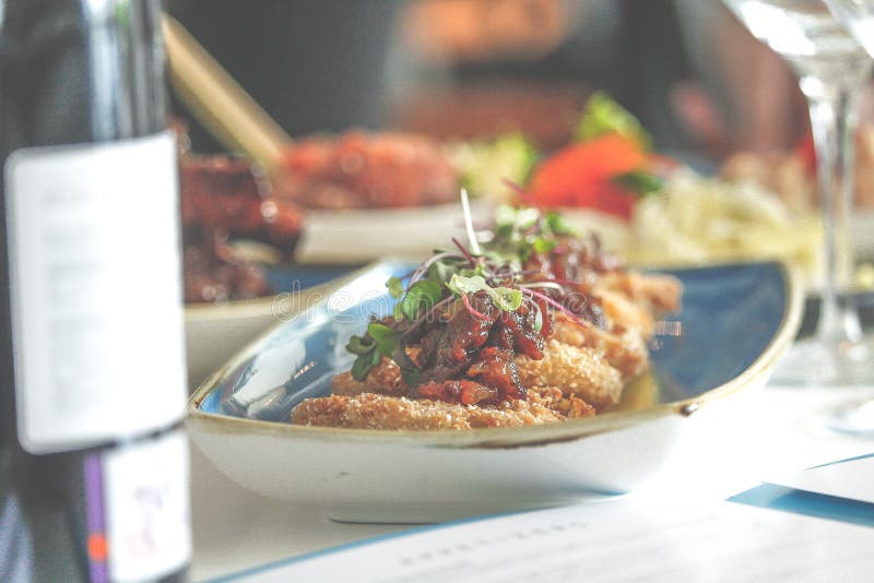 Fried Food Dish in Rectangular Blue Ceramic Plate Stock Image - Image ...