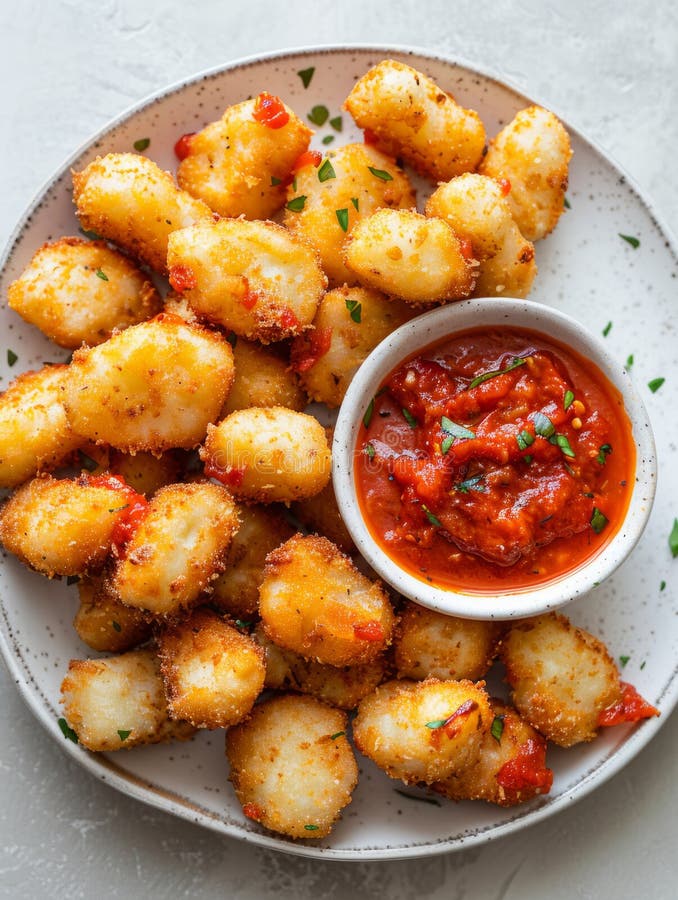 Fried Gnocchi with Tomato Dipping Sauce on a Plate Stock Image - Image ...