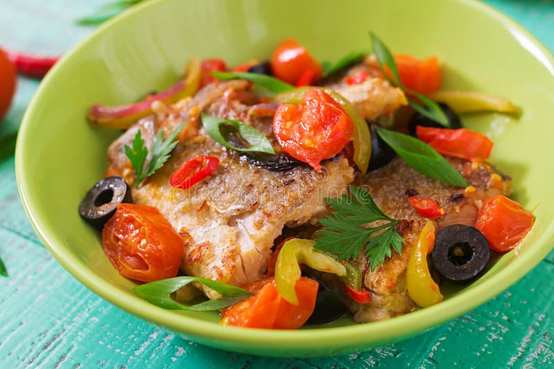 Fried Hake Fillet with Tomato and Olives Stock Image - Image of diet ...