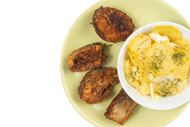 Fried Hake Fish with Egg Salad on the Plate. Stock Image - Image of ...