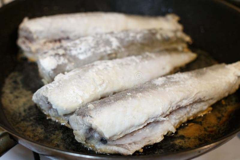 Fried Hake Fish Fillet in a Frying Pan Stock Image - Image of seafood ...