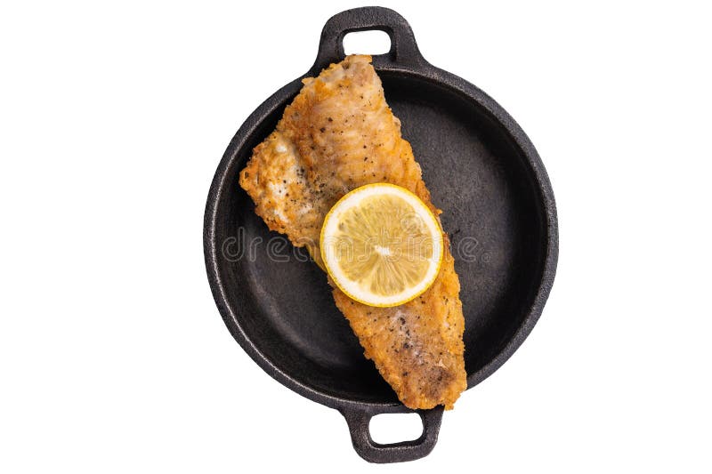 Fried Hake Fish Fillet in a Pan Isolated on White Background. Top View ...