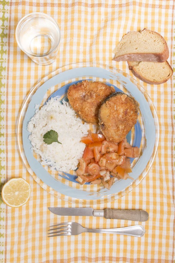 Fried hake fish with rice stock photo. Image of cuisine - 111323468