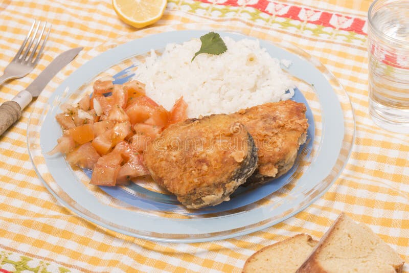Fried hake fish with rice stock photo. Image of tradition - 111323434