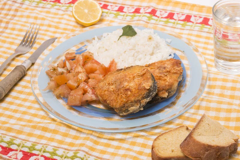 Fried hake fish with rice stock photo. Image of food - 111323462