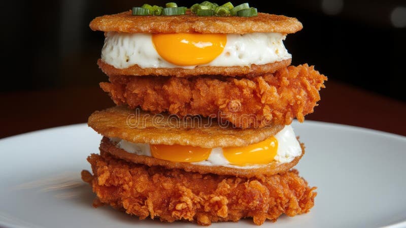 Fried Hash Browns Stack Up with Eggs on Plate and Savory Breakfast ...