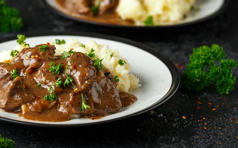 Fried Liver in Gravy with Mashed Potato Stock Image - Image of food ...