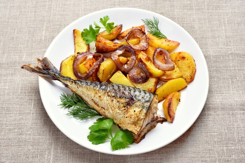Fried Fish Fillet with Baked Potatoes Stock Image - Image of meal ...