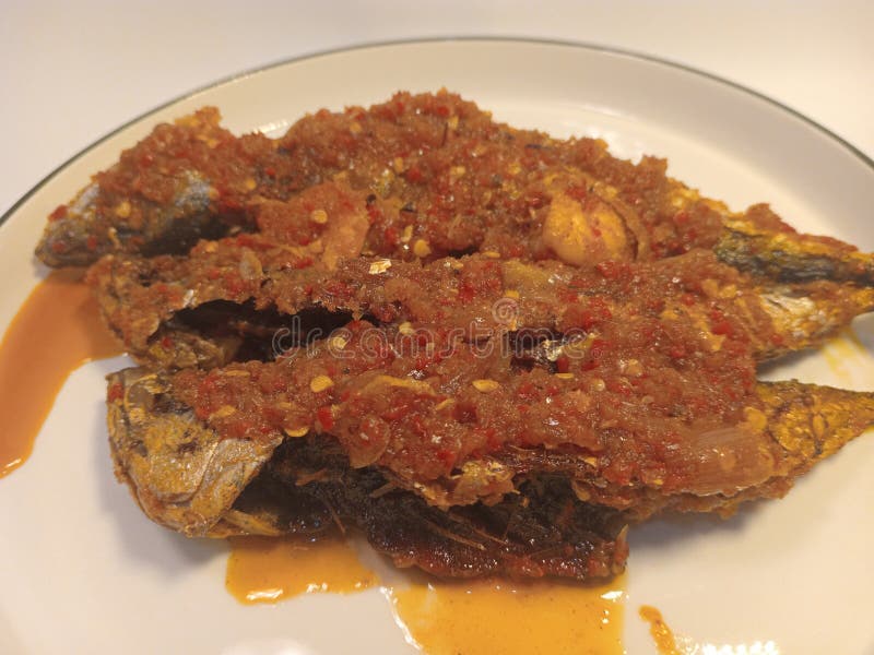 Fried Mackerel Fish with Red Chili Sauce Stock Photo - Image of sauce ...