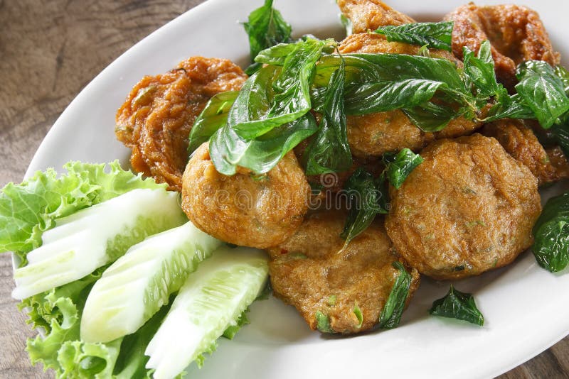 Fried Mackerel Paste Balls in White Plate Stock Photo - Image of lunch ...
