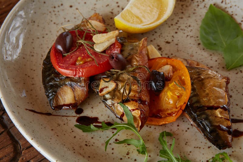 The Fried Mackerel with Vegetables. Shallow Dof. Stock Photo - Image of ...