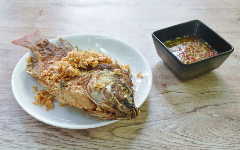 Fried Mango Fish on Plate Dipping Spicy Sauce Herb Sauce in Cup Stock ...