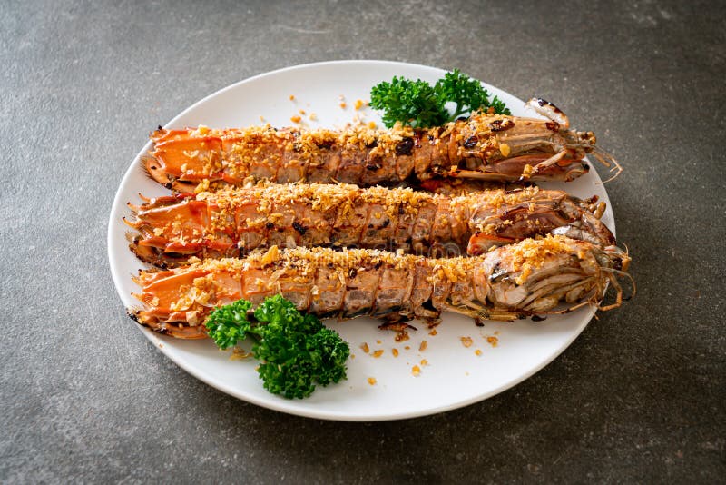 Fried Mantis Shrimp with Garlic Stock Photo - Image of diet, plate ...
