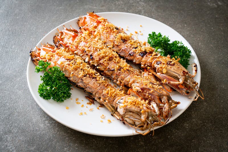 Fried Mantis Shrimp with Garlic Stock Photo - Image of cook, crayfish ...