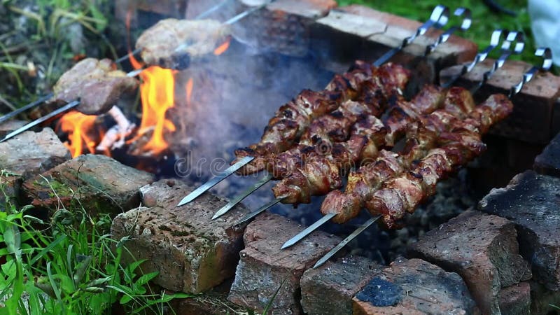 Fried Meat on the Fire. Barbecue in the Country in Field Conditions ...