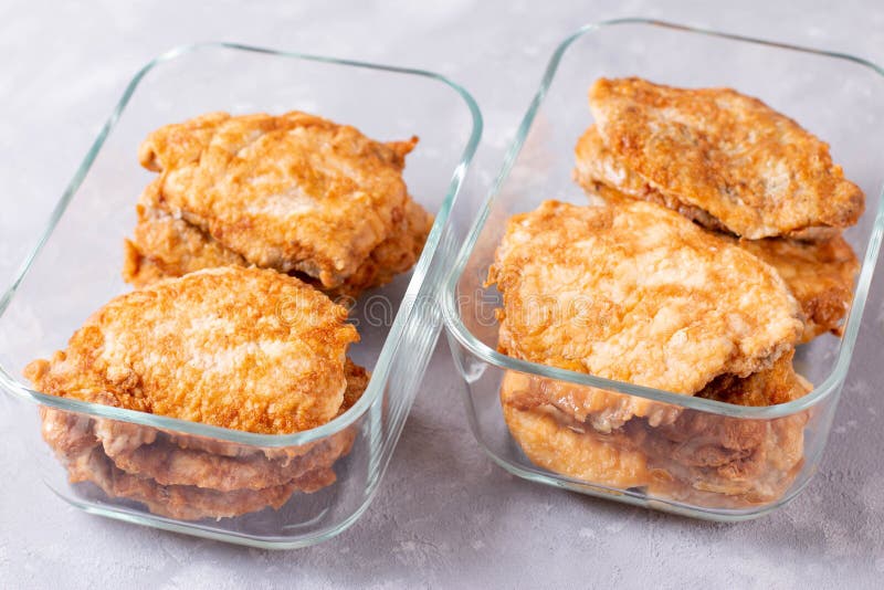 Fried Meat in a Glass Container. Meal Prepping. Ready Meals Stock Photo ...