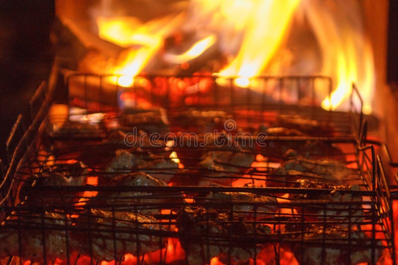 Fried Meat Over an Open Red Fire Stock Photo - Image of grilled, cooked ...