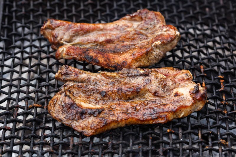 Fried Meat Slices on Barbecue Grid Stock Image - Image of slice, fried ...