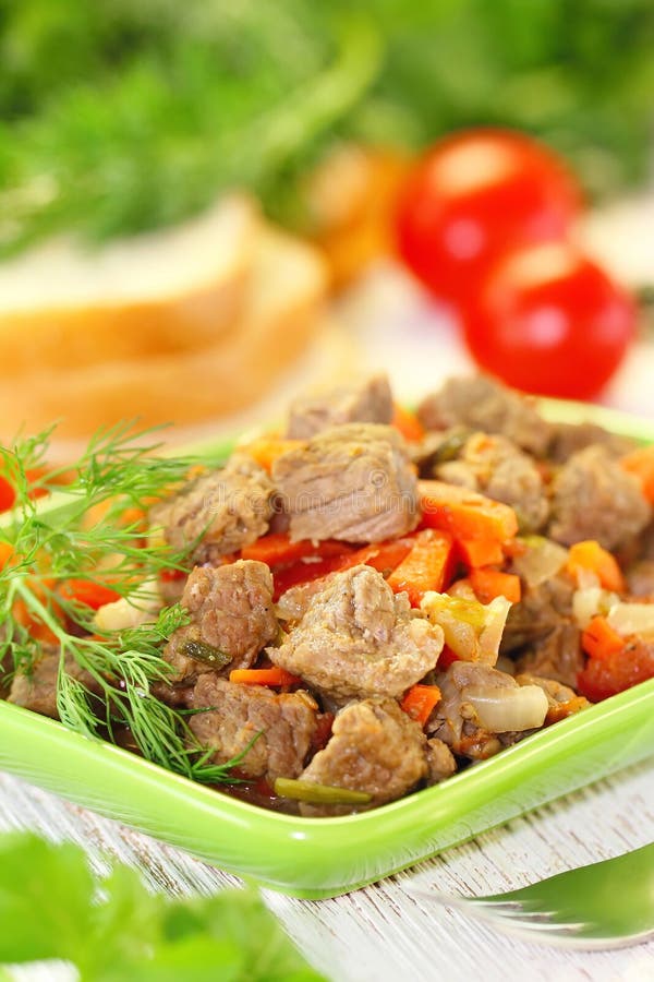 Fried meat with vegetables stock photo. Image of soup - 111263834