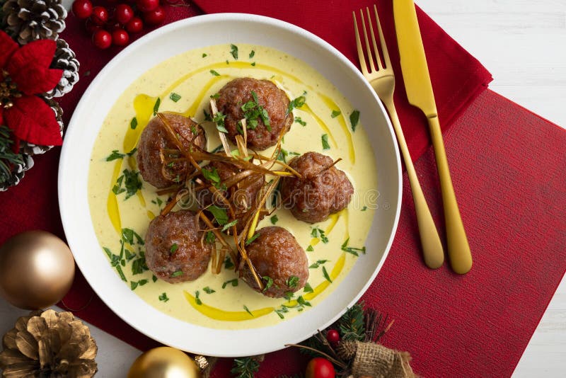 Fried Meatballs with Curry Sauce. Top View Table with Christmas ...