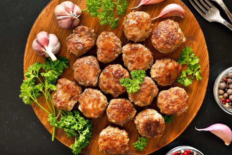 Fried Meatballs on Cutting Board Stock Photo - Image of dish, meat ...