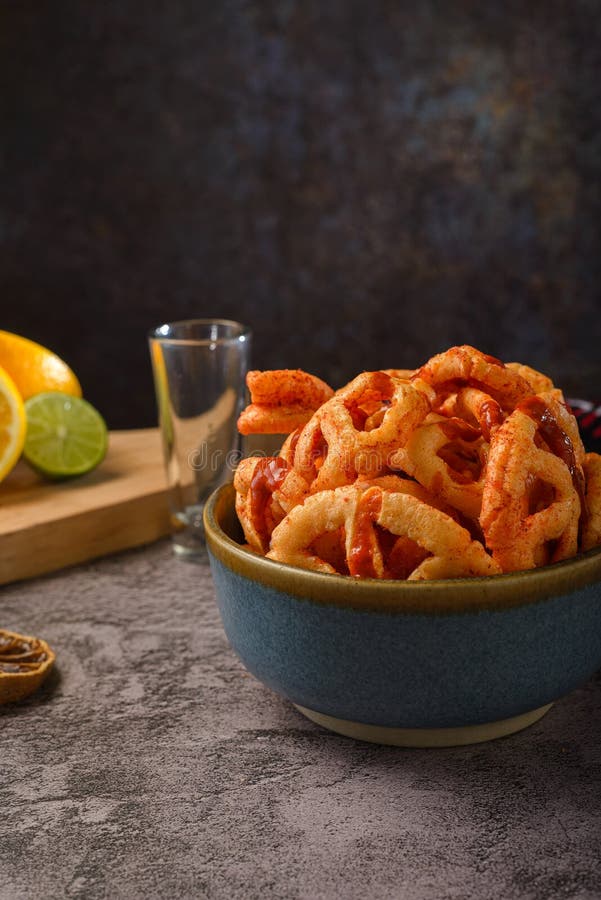Fried Mexican Wheat Chips with Hot Sauce. Duritos Stock Photo - Image ...