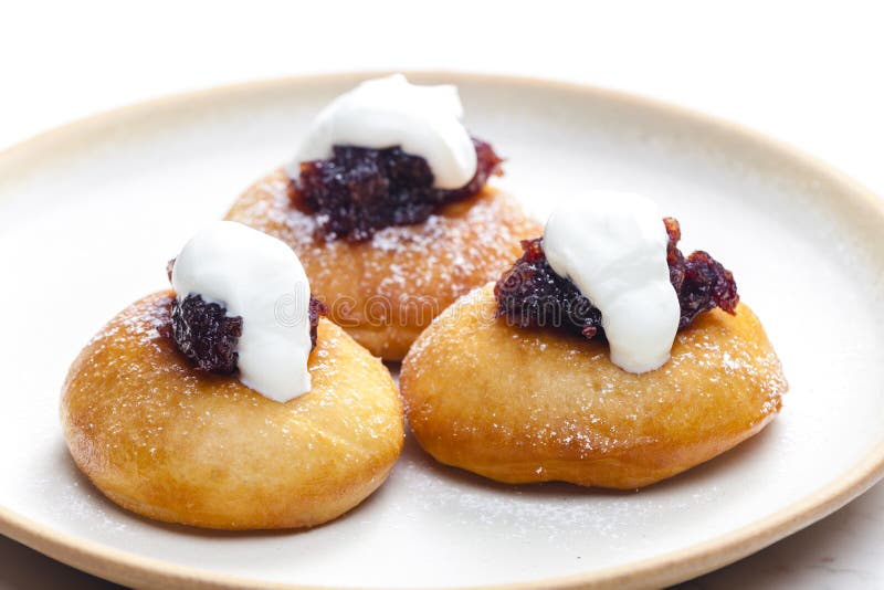 Fried Muffins with Plum Jam and Sour Cream Stock Photo - Image of cream ...