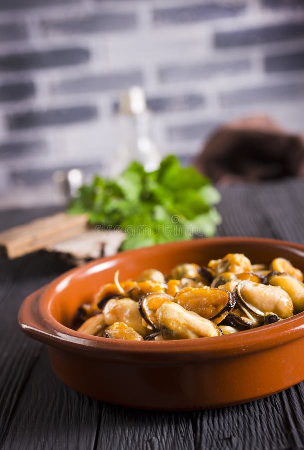 Fried Mussels Grilled Seafood Close Up Cooking Process Stock Photos ...