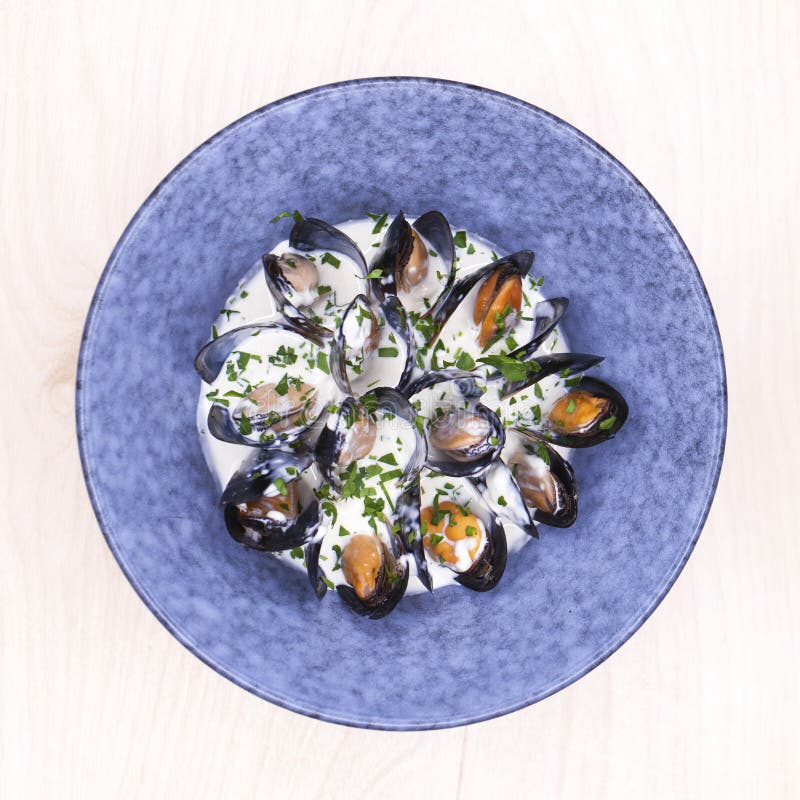 Fried Mussels in the Shell and in Cream Sauce Stock Photo - Image of ...
