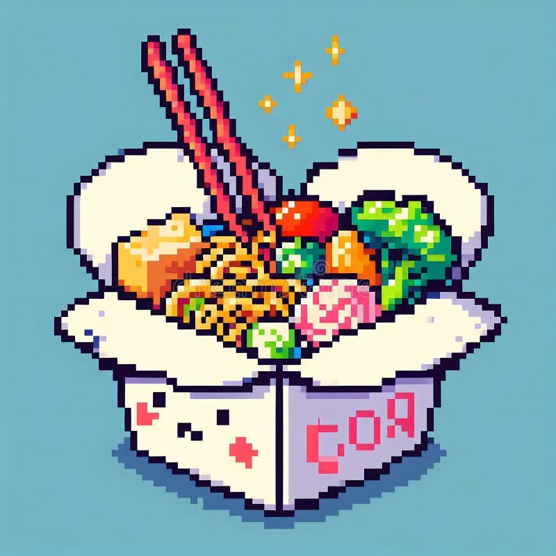Fried Noodles in Box, Pixel Art Stock Illustration - Illustration of ...