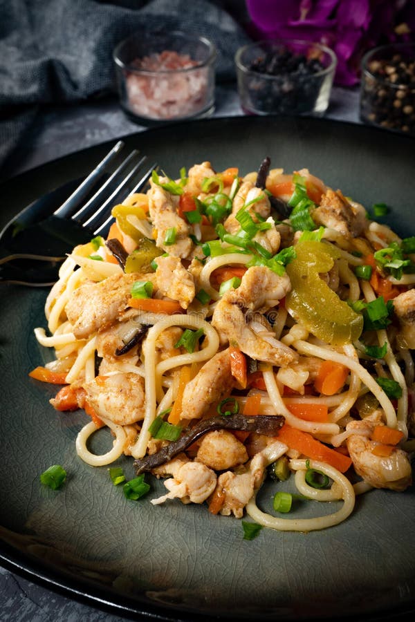 Fried Noodles with Chicken and Vegetables Stock Image - Image of ...