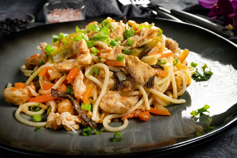 Fried Noodles with Chicken and Vegetables Stock Image - Image of meal ...